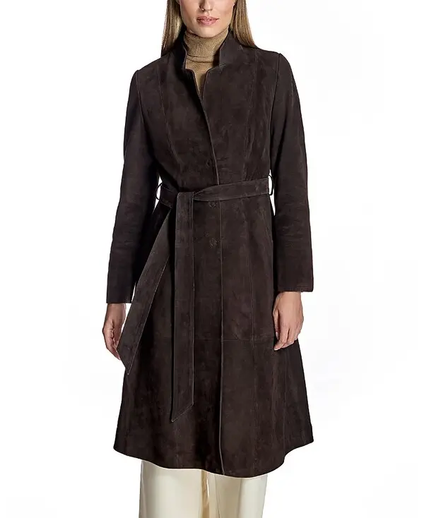 MAXIMILIAN Belted Suede Coat - Brown