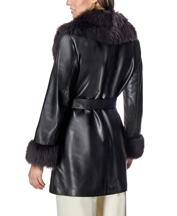 MAXIMILIAN Belted Leather Coat With Shearling Collar