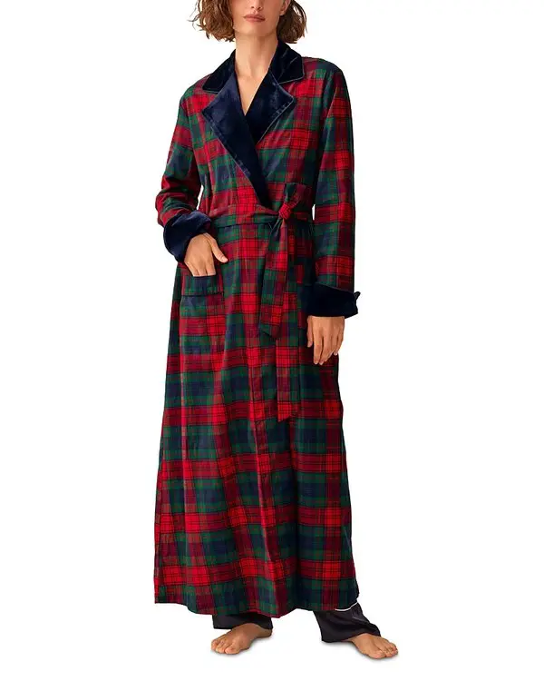 PETITE PLUME Cotton Plaid Velvet Trim Wrap Robe - Red