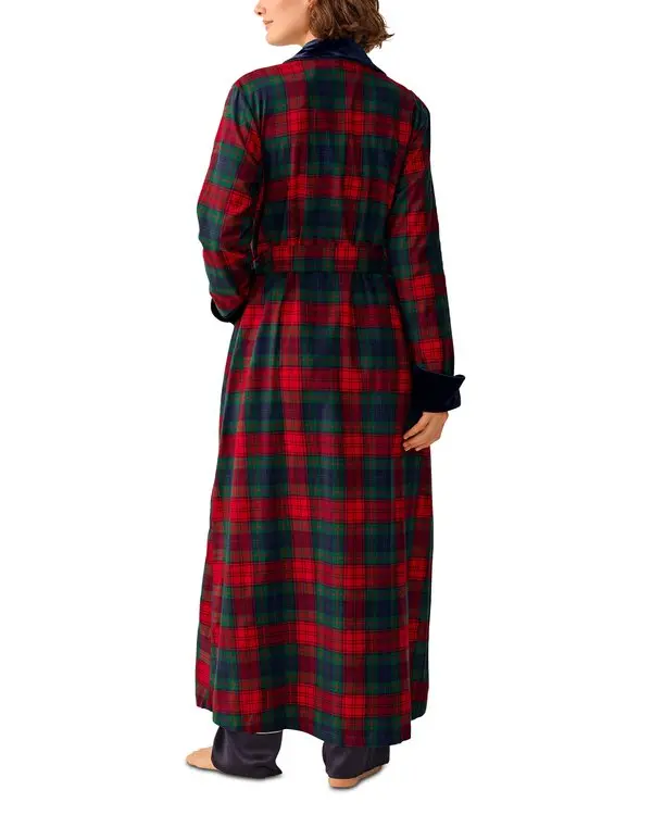 PETITE PLUME Cotton Plaid Velvet Trim Wrap Robe