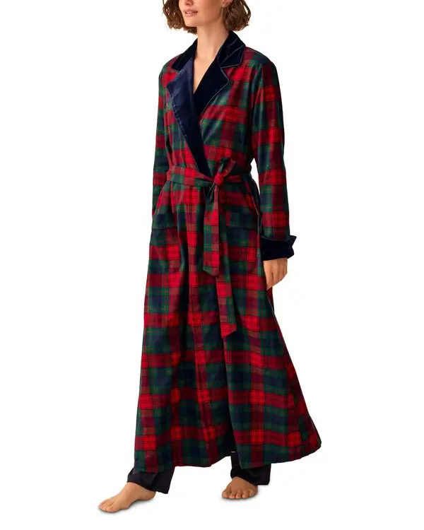 PETITE PLUME Cotton Plaid Velvet Trim Wrap Robe