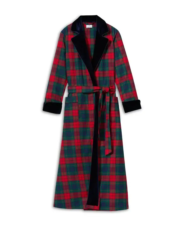PETITE PLUME Cotton Plaid Velvet Trim Wrap Robe