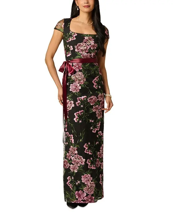 Adrianna Papell Satin Belt Jacquard Column Gown - Black Multi