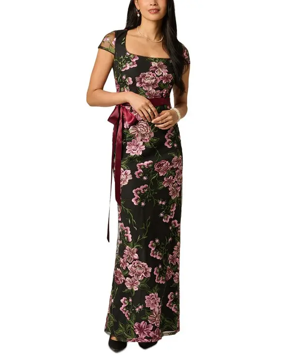 Adrianna Papell Satin Belt Jacquard Column Gown