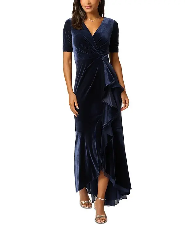 Adrianna Papell Stretch Velvet Cascade Ruffle Gown - Midnight