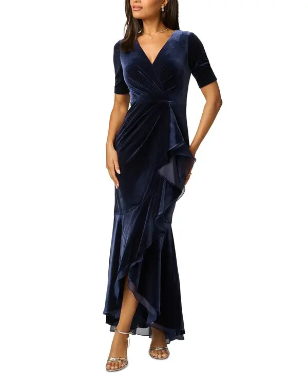 Adrianna Papell Stretch Velvet Cascade Ruffle Gown