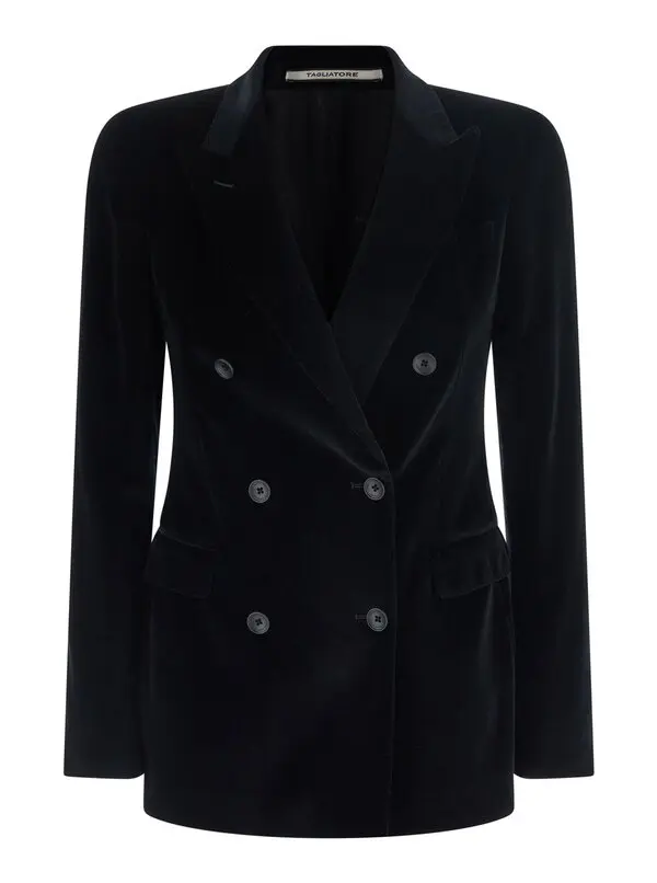Tagliatore Velvet Blazer Jacket With Classic Collar And Long Sleeves - Black
