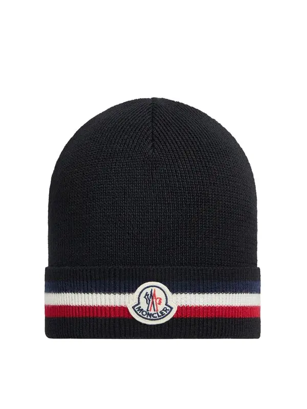 Moncler Mini Stockinette Stitch Beanie With Tricolour Trim And Logo Patch - Nero