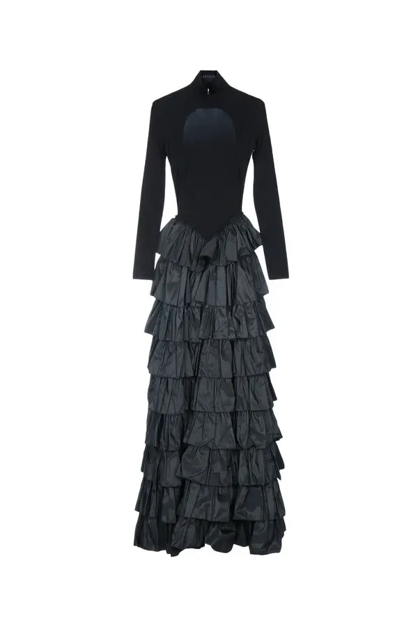 Elisabetta Franchi Long Gown With Flounced Bust Details - Nero