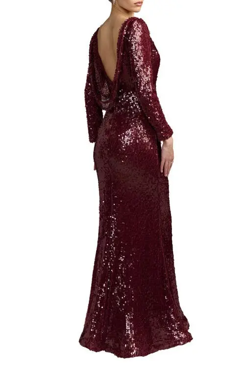 Mac Duggal Petite Long Sleeve Cowl Back Sequin Gown