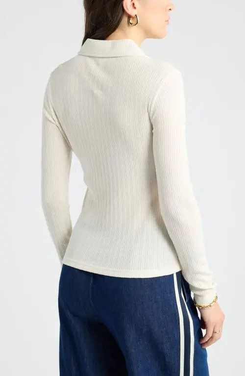 Caslon Long Sleeve Rib Polo Top - Ivory Pristine
