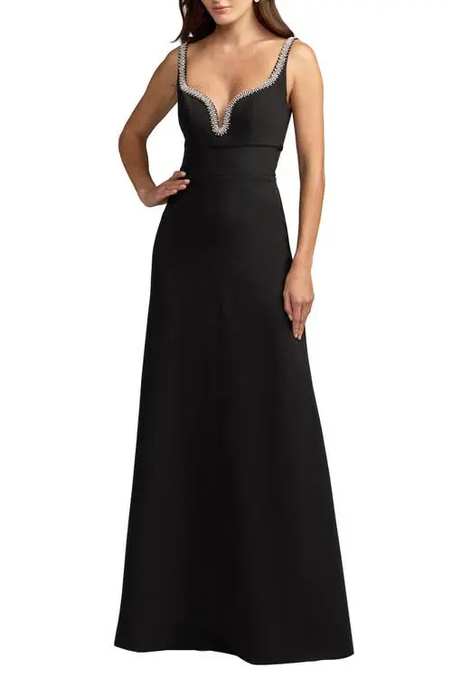 Mac Duggal Crepe A-line Gown With Rhinestone Trim - Black