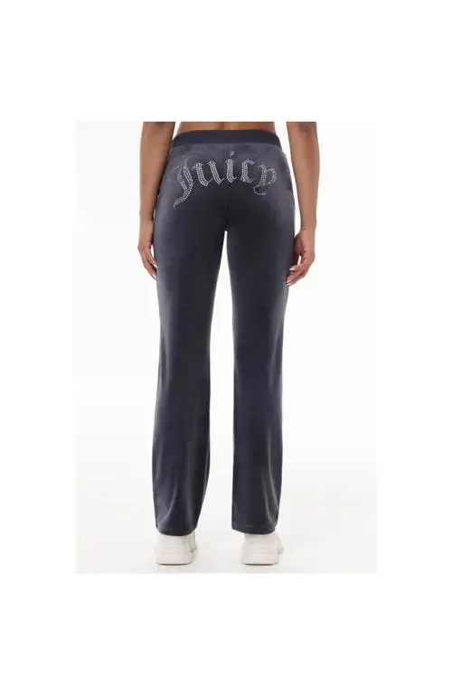 Juicy Couture Rib Waist Long Velour Pant With Back Bling, - Titanium