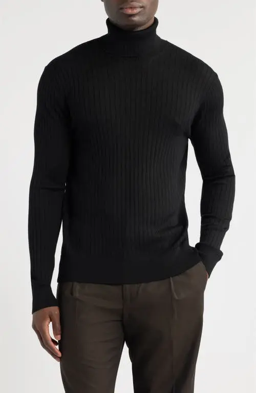 JACK VICTOR Pinstripe Stitch Wool & Silk Turtleneck Sweater - Black