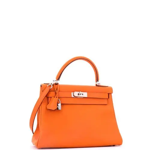 Hermès Kelly Handbag Clemence With Palladium Hardware 28 - Orange