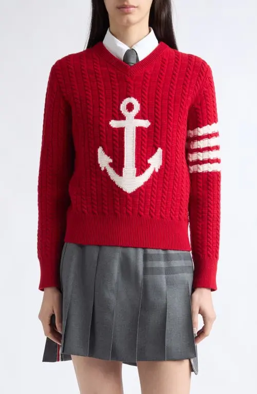 Thom Browne 4-bar Anchor Intarsia Cable Stitch Wool Sweater - Red