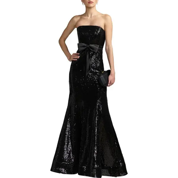 Mac Duggal Strapless Sequin Trumpet Gown With Bow Detail - Black