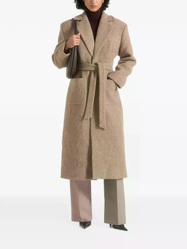 Manière De Voir Jena In Taupe Wide Shoulder Wool Coat With Cinch Belt - Brown