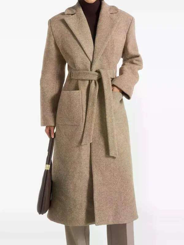 Manière De Voir Jena In Taupe Wide Shoulder Wool Coat With Cinch Belt - Brown