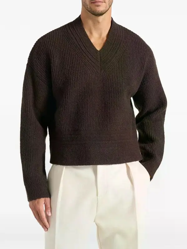 Manière De Voir Remi In Dark- Signature-ribbed Wool-blend V-neck Jumper - Brown