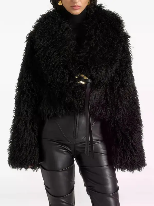 Manière De Voir Nola In Mongolian-fur Shawl Jacket With Leather Belt - Black