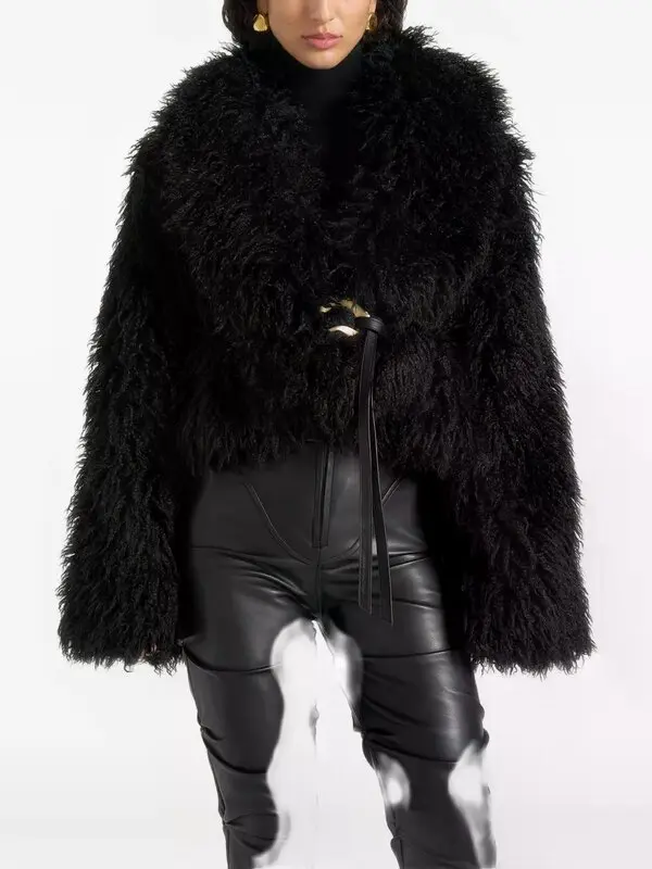 Manière De Voir Nolain Mongolian Fur Shawl Jacket With Leather Belt - Black