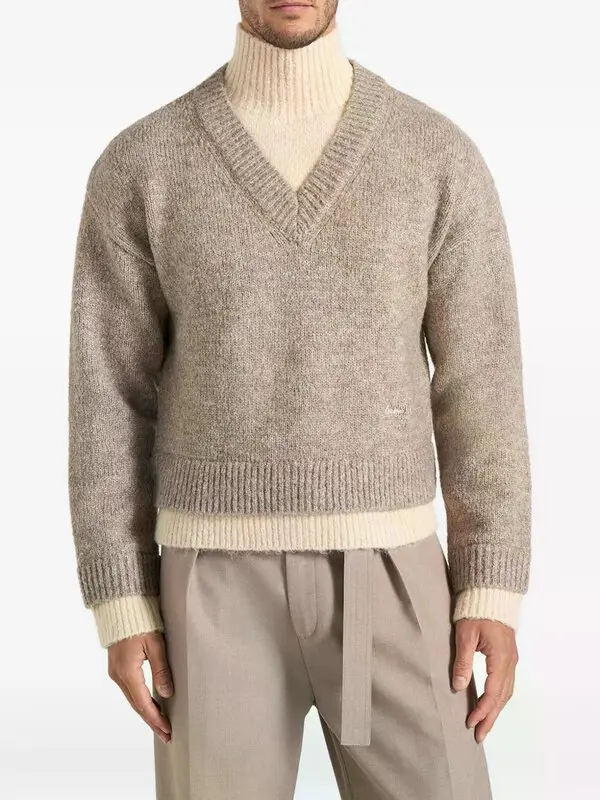 Manière De Voir Jacques In Taupe Double-layer Wool-blend V-neck Knit Jumper