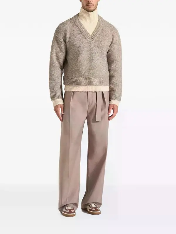 Manière De Voir Jacques In Taupe Double-layer Wool-blend V-neck Knit Jumper