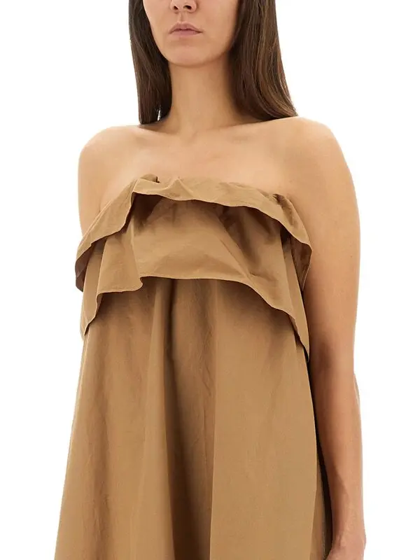 Saint Laurent Cotton Twill Ruffle Dress - Brown