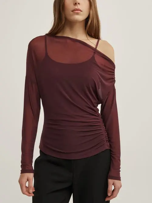 Witchery Layered Mesh Long-sleeve Top - Wine