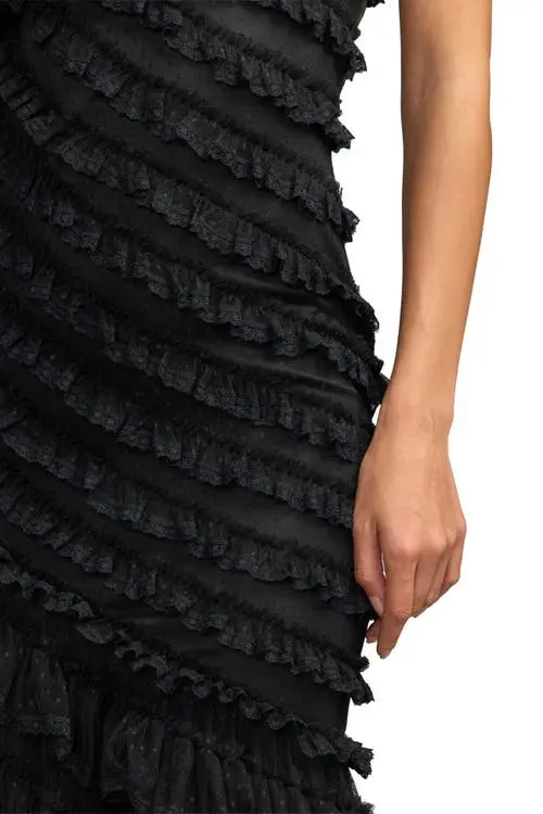Mac Duggal Sleeveless One Shoulder Lace Trim Ruffle Gown
