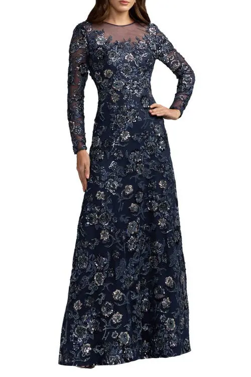 Mac Duggal Floral Embellished Mesh A-line Gown - Midnight