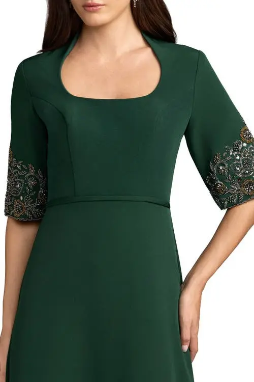 Mac Duggal Scoop Neck Beaded Cuff Crepe Gown