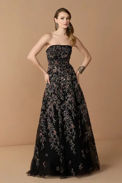 Mac Duggal Floral Embellished Strapless Gown