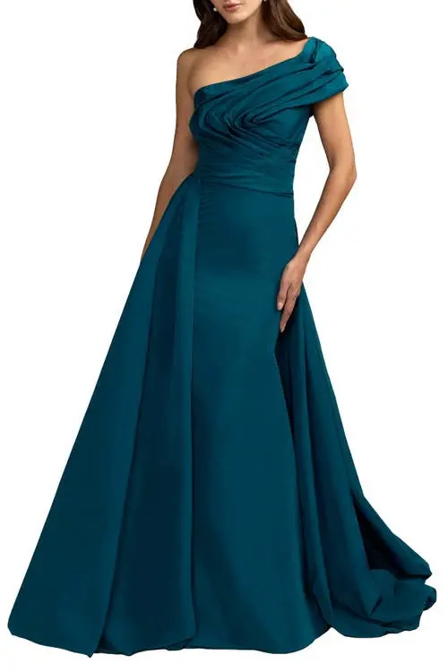 Mac Duggal Pleated One Shoulder Gown With Overskirt - Ocean