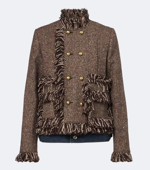Sacai Fringed Tweed And Denim Jacket - Multicoloured