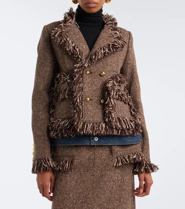 Sacai Fringed Tweed And Denim Jacket