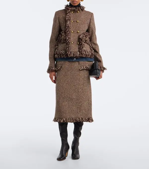 Sacai Fringed Tweed And Denim Jacket