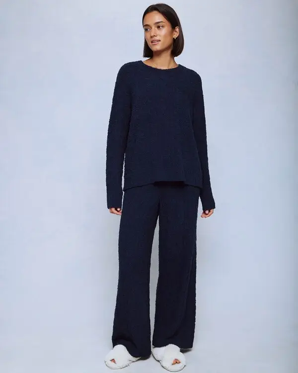Splendid Fuzzy Cable Knit Sweater Wide Leg Pj Set - Navy