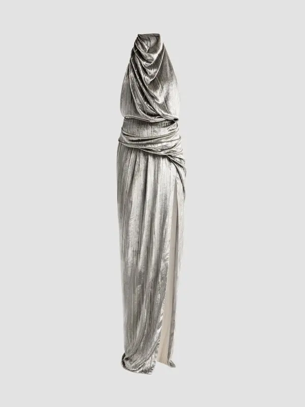 Prabal Gurung Draped Crushed Velvet Halter Gown - Silver