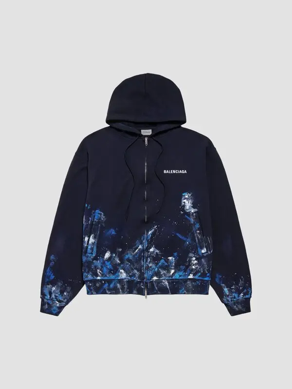 Balenciaga Paint Splatter Oversized Zip-up Hoodie - Navy