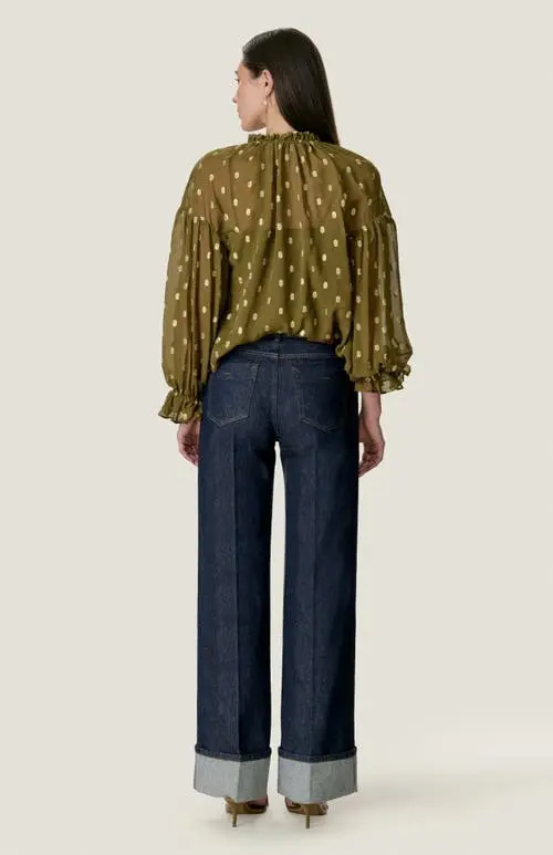 Rebecca Taylor Tiana Metallic Dot Longsleeve Top - Olive