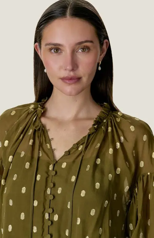 Rebecca Taylor Tiana Metallic Dot Longsleeve Top - Olive