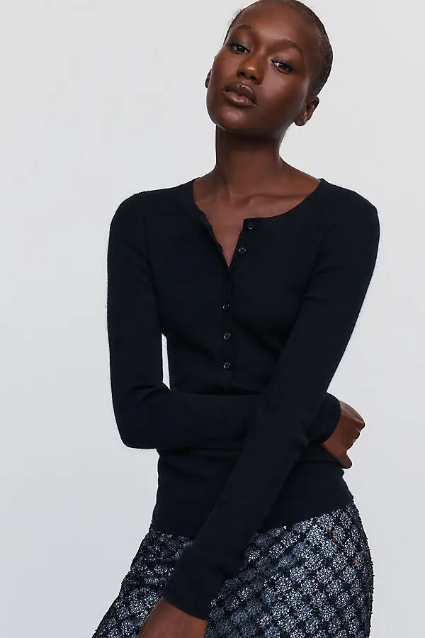 Anthropologie 100% Cashmere Henley Top - Black