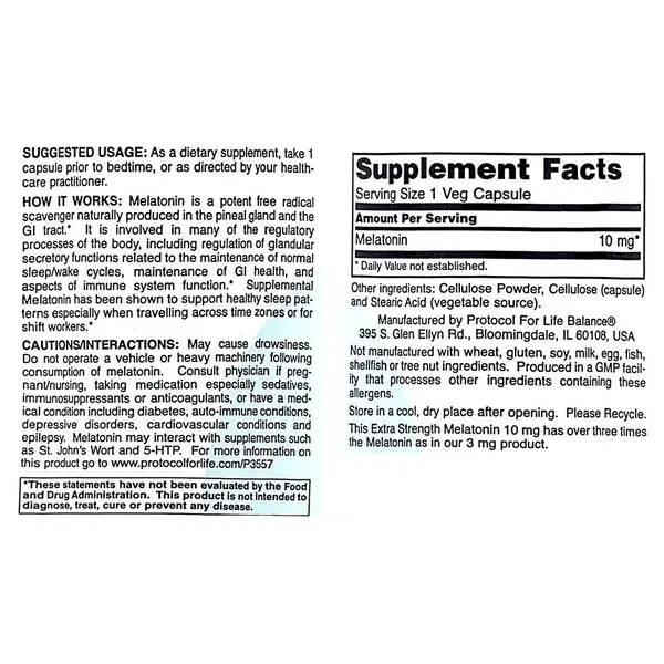 PROTOCOL FOR LIFE BALANCE Protocol Melatonin 10mg Extra Strength 100 Capsules