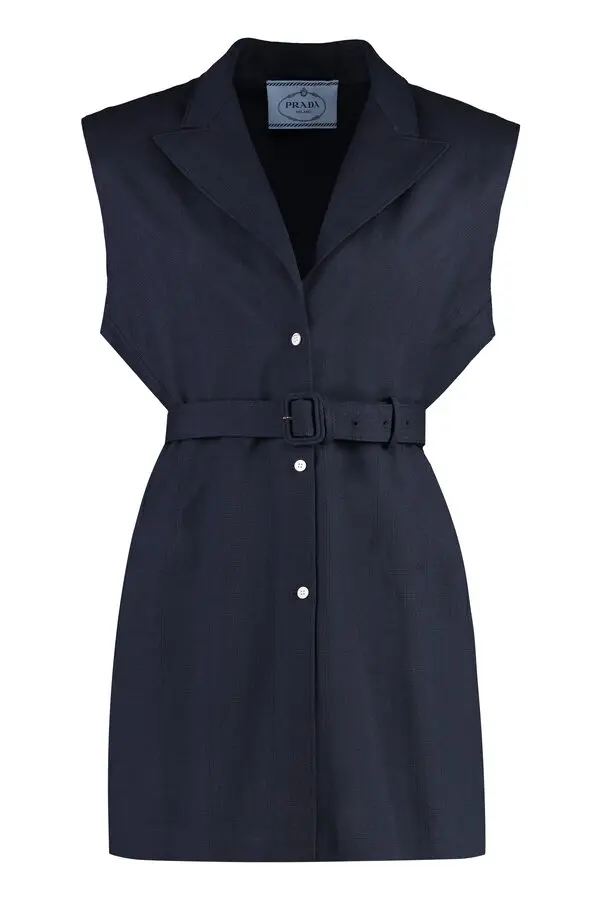 Prada Structured Virgin Wool Single-breasted Waistcoat With Coordinated Belt - Blue
