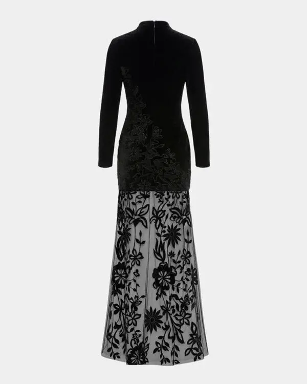 Mac Duggal Floral Mixed-media Long-sleeve Gown