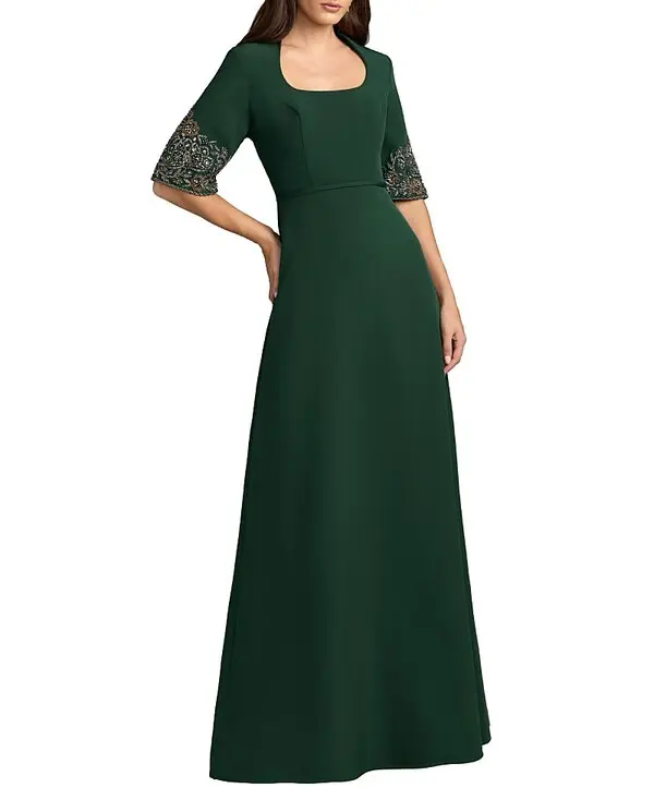 Mac Duggal Scoop Neck Beaded Cuff Crepe Gown