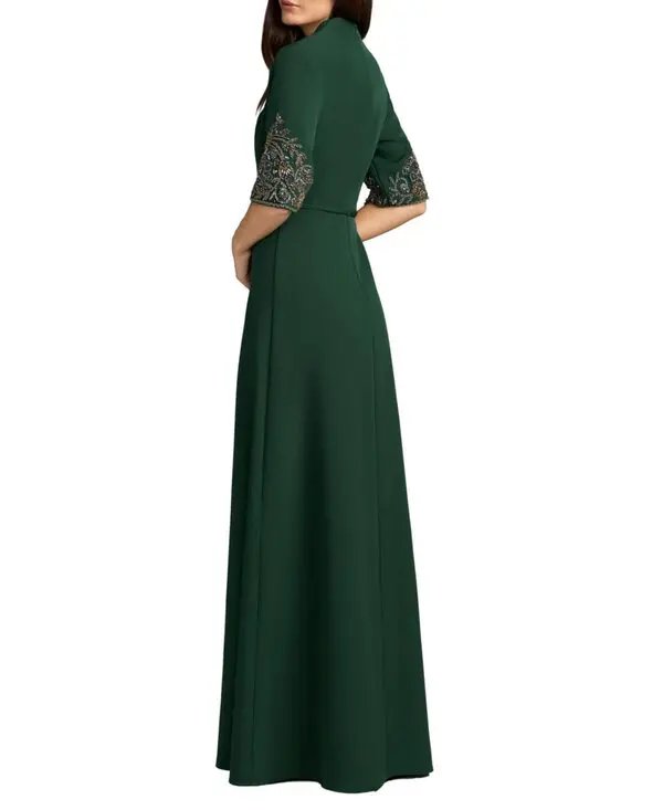 Mac Duggal Scoop Neck Beaded Cuff Crepe Gown