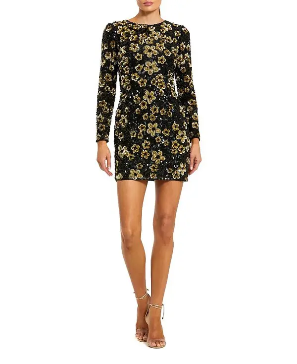 Mac Duggal Sequin Beaded Mesh High Neck Fringe Ankle Dress - Black Gold